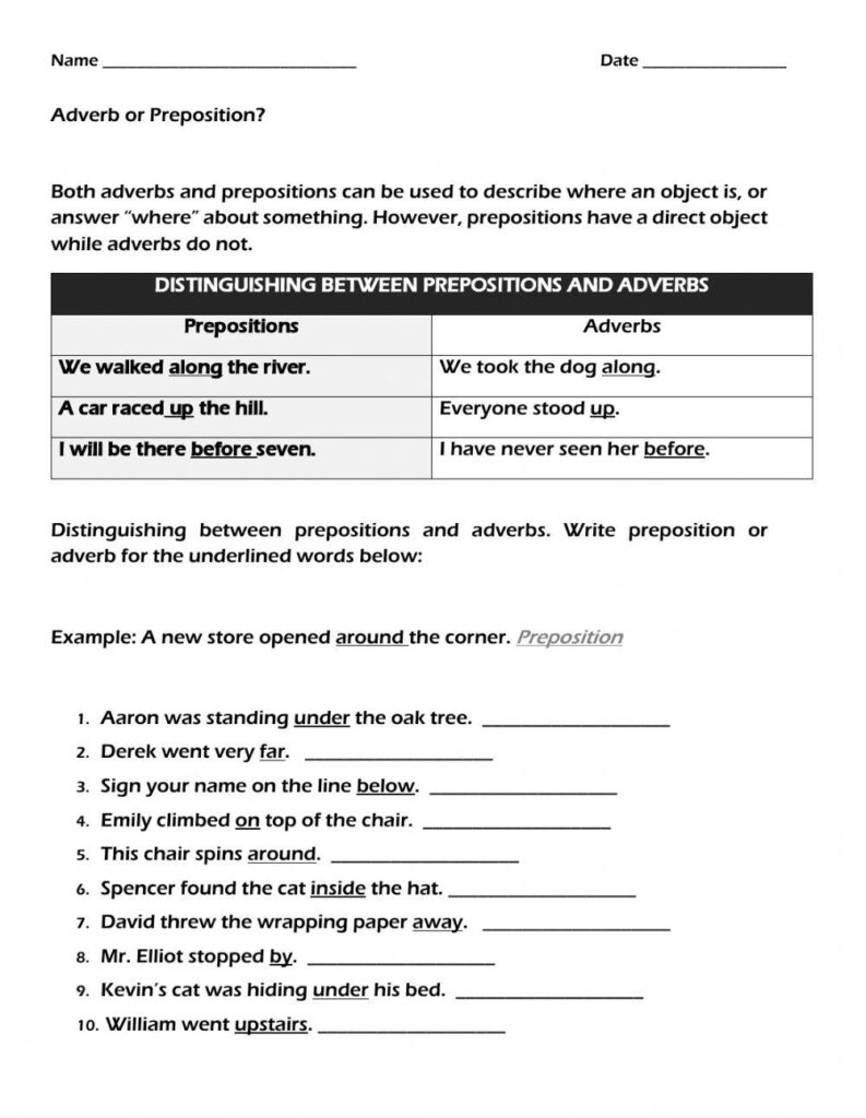 Preposition Worksheet With Answers - Free Printable Coloring Pages