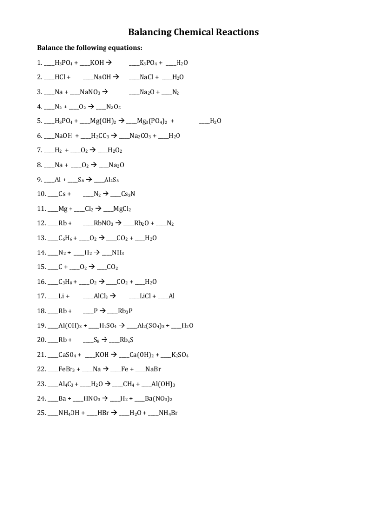 Balancing Chemical Reactions Worksheet - Free Printable Coloring Pages