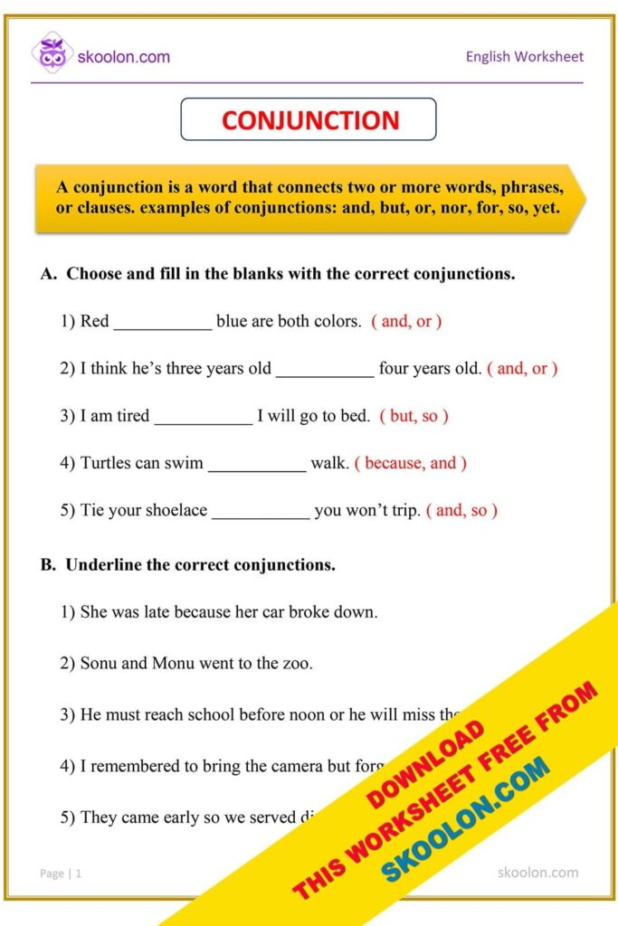 Conjunction Worksheet For Class 2 - Free Printable Coloring Pages
